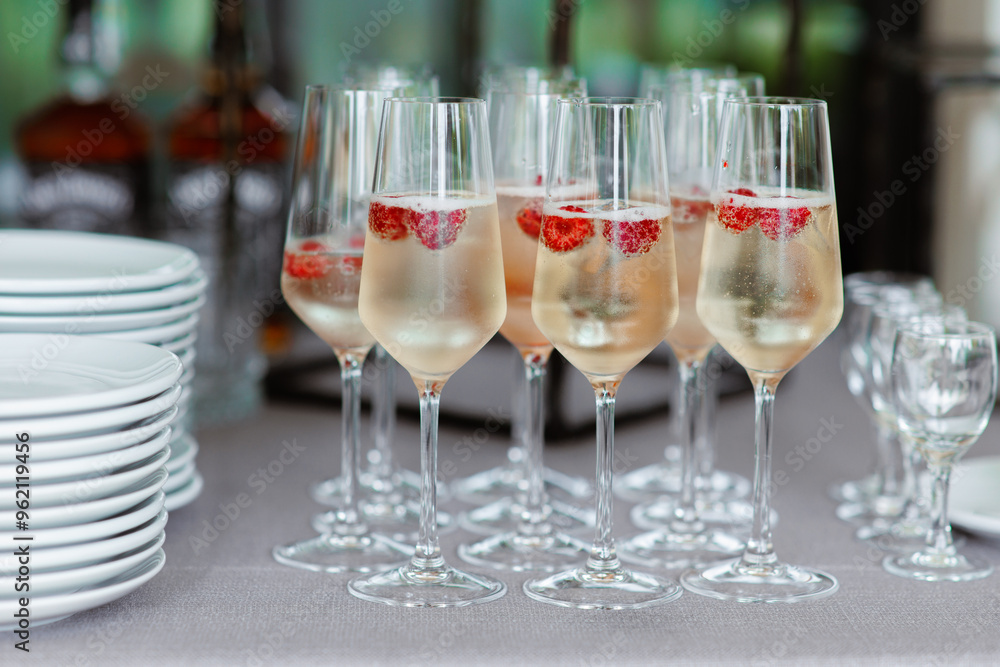 glasses champagne, welcome drink, wine glass, cocktail, with raspberry ...