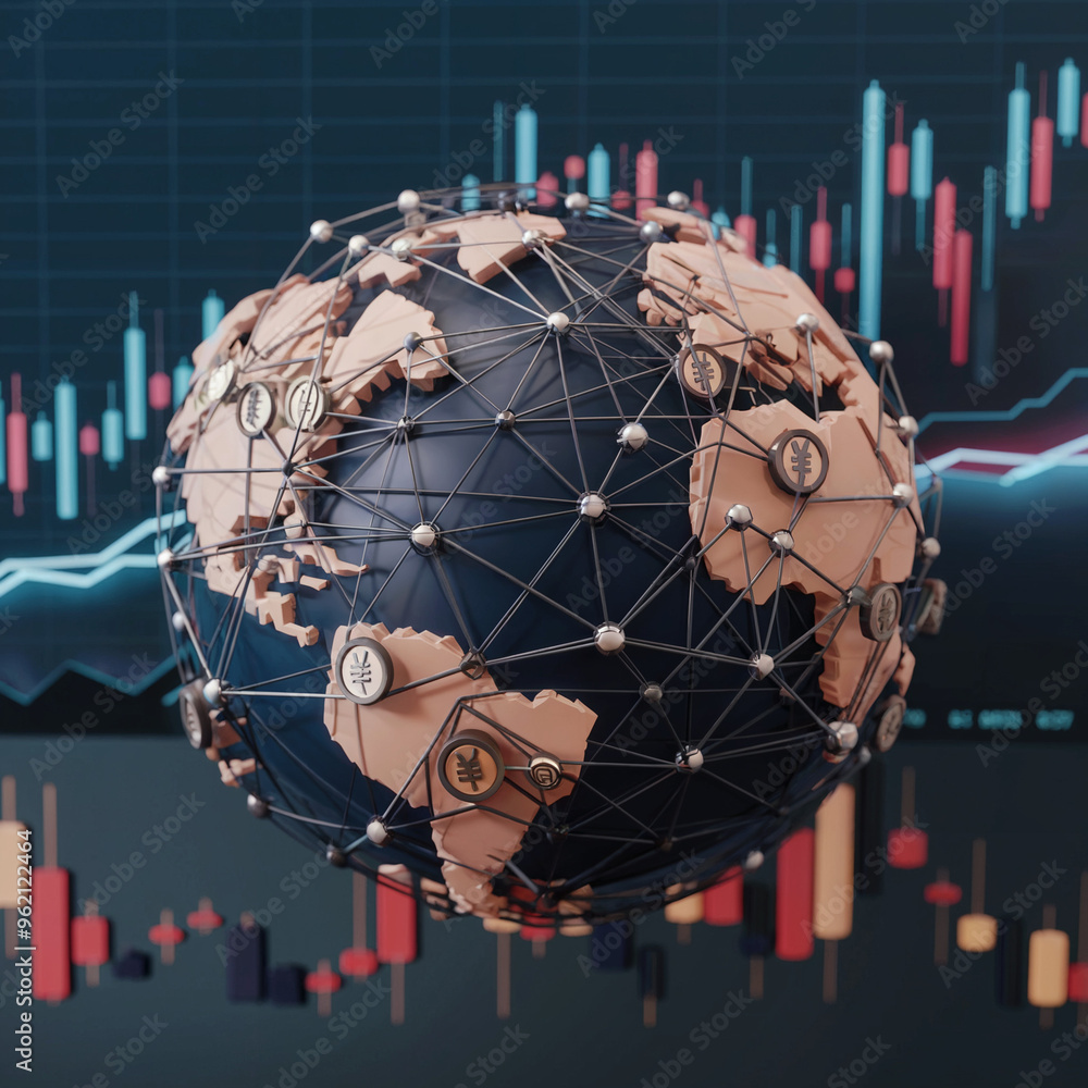 3D render of a globe with a network of interconnected lines ...