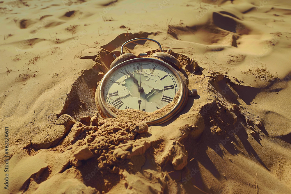 Alarm clock half buried in sand, clock is drowning in the desert sands ...