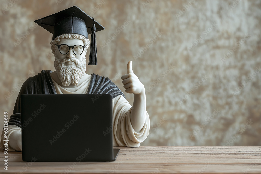 Classic sculpture thumbs up studying at the laptop. Greek god statue ...