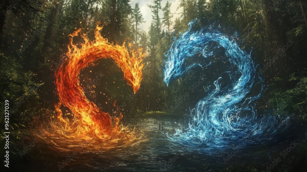 Two elemental spirits, one of fire and one of water, engage in an ...