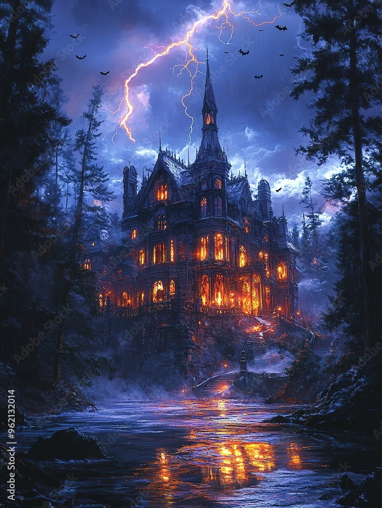 Scary Gothic castle on Halloween night, haunted palace or mansion for ...