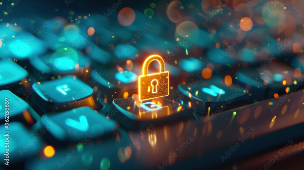 A close-up of a computer keyboard with keycaps replaced by digital lock ...