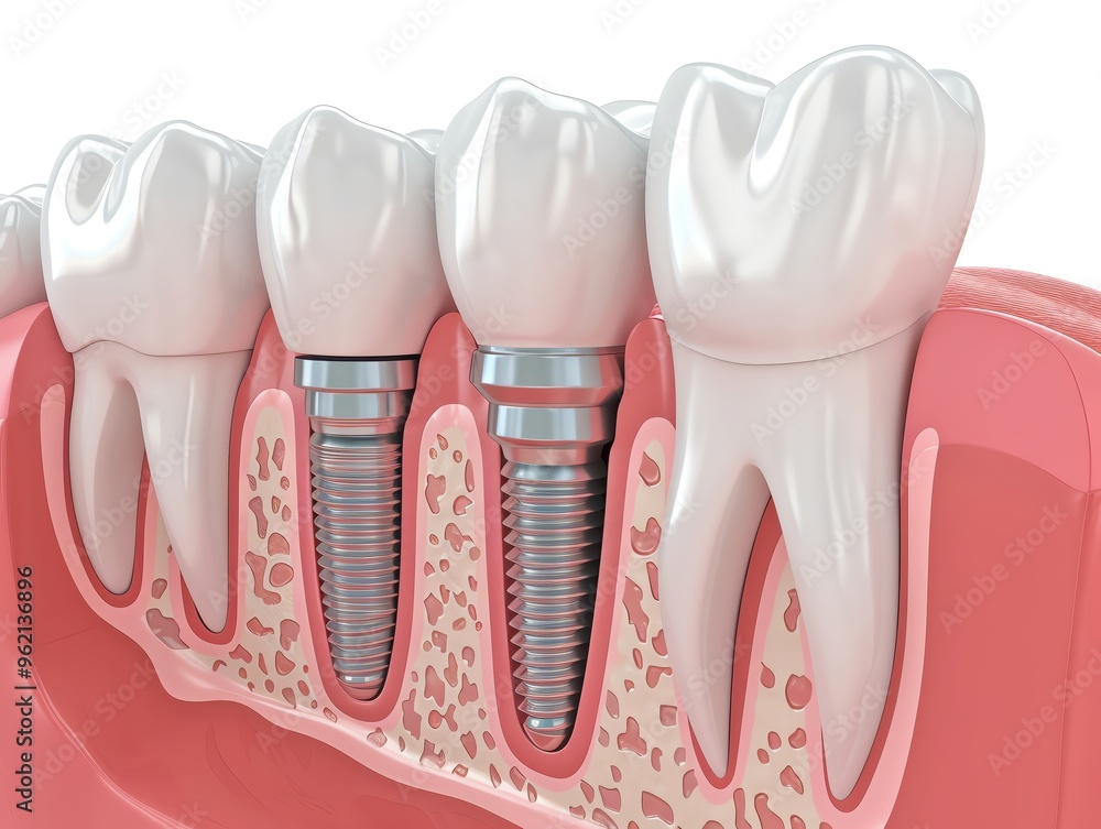 Detailed illustration of dental implants integrated into the jawbone ...
