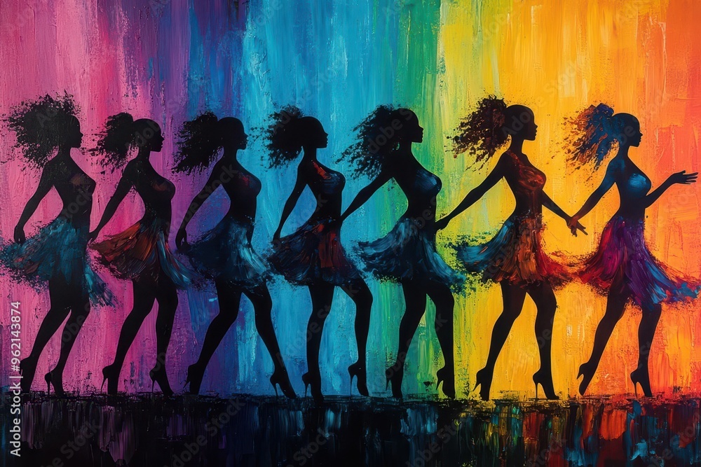 vibrant abstract backdrop featuring silhouettes of black women dancing ...