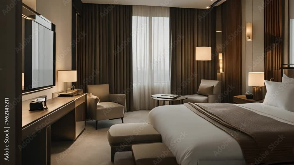 Visualize a luxury hotel room with all essential amenities perfectly ...