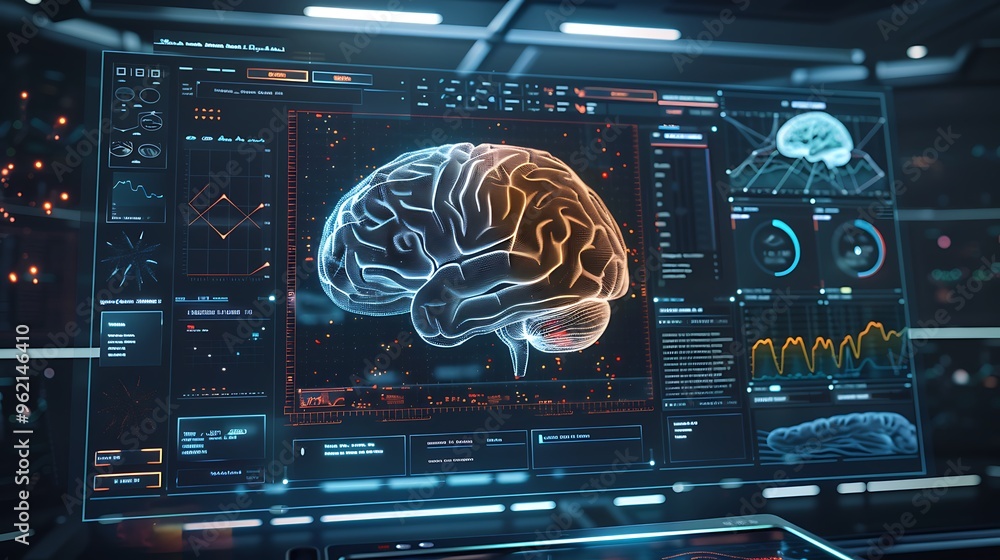 Digital brain representation, illuminated with connections and data ...