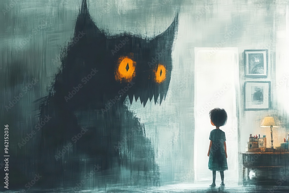 whimsical illustration child facing shadow monsters in cozy bedroom ...