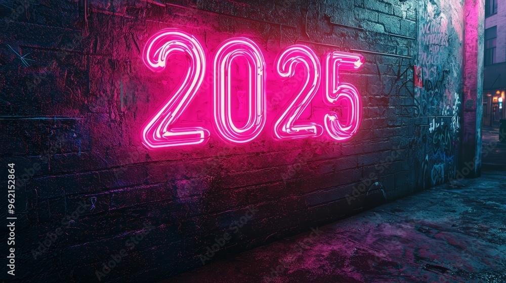 Vibrant neon lights illuminating the year 2025 against a gritty urban ...