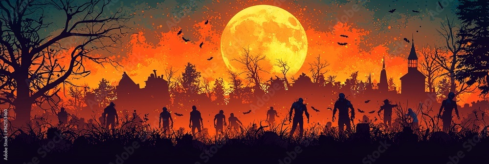 Silhouetted zombies roam in a dark forest with bats flying under a full ...