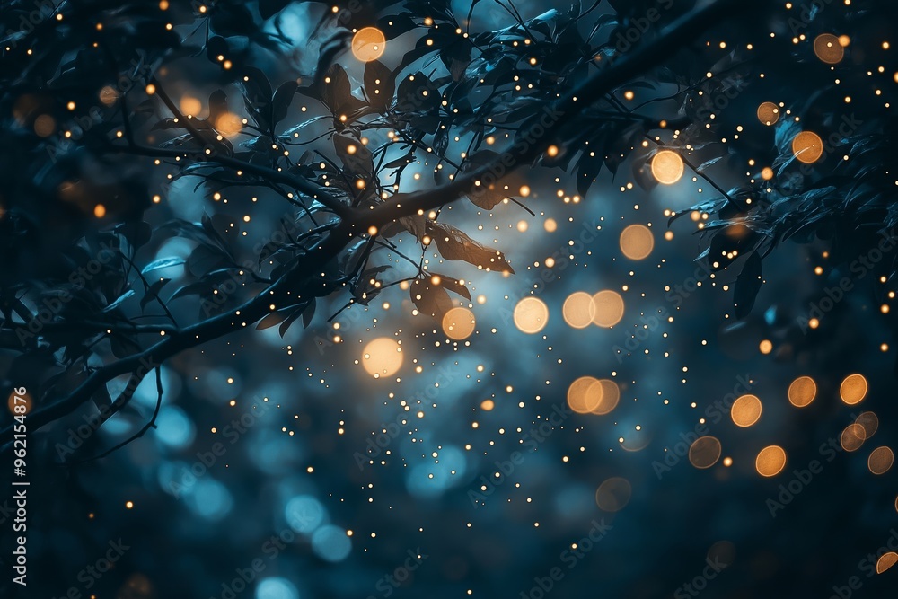 Sparkling orbs of blue and yellow light illuminate a forest scene ...