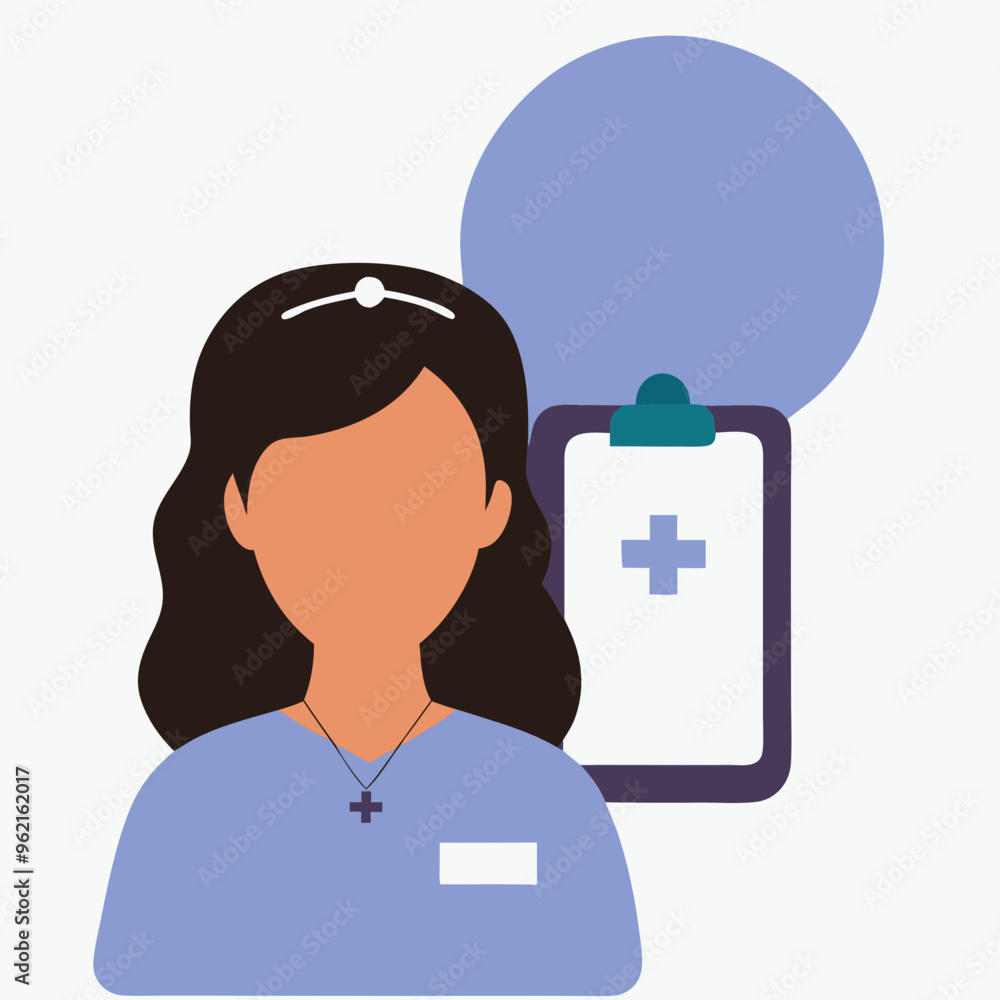 Nurse in scrubs with medical clipboard and cross symbol in a modern ...