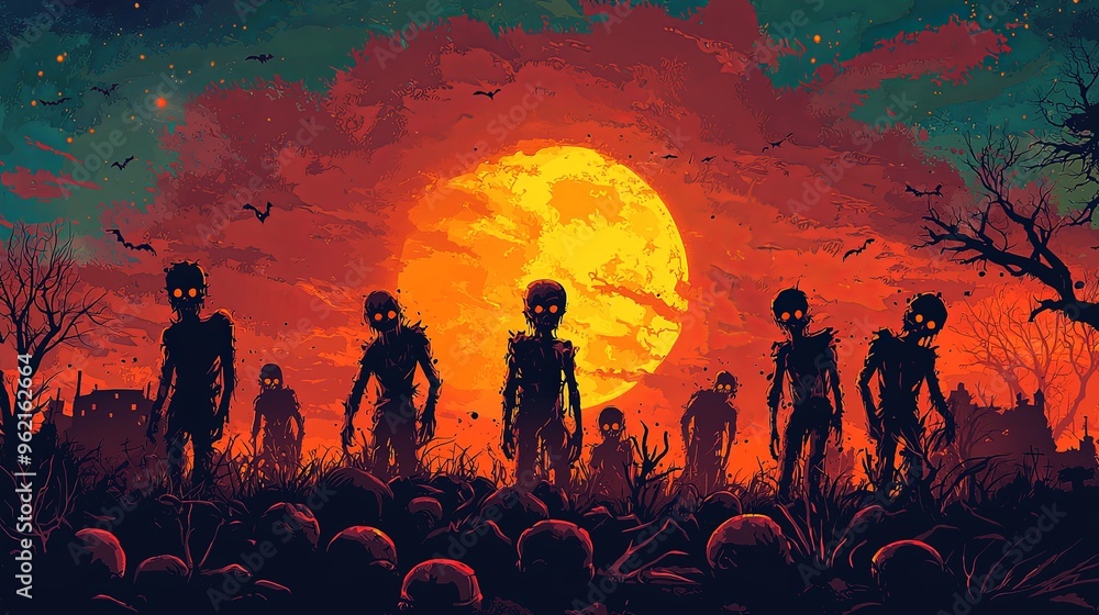This haunting artwork illustrates a group of zombies ominously ...