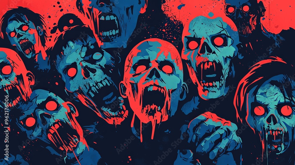 A terrifying cluster of zombies with glowing eyes and bared teeth ...