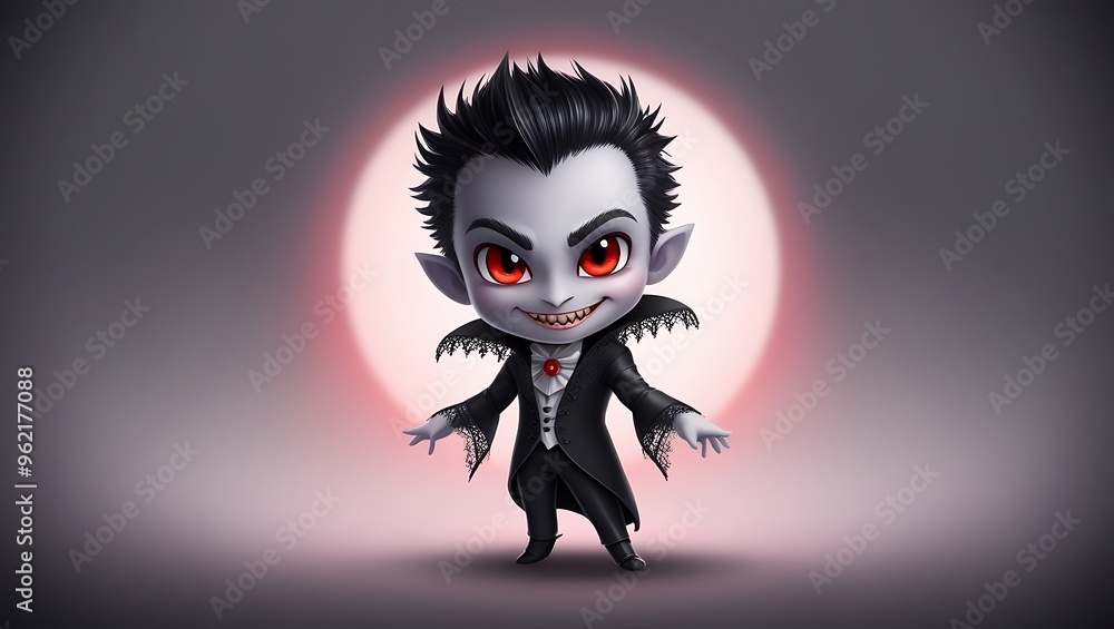 boy chibi cartoon vampire character with red eyes and black cape . 3D ...