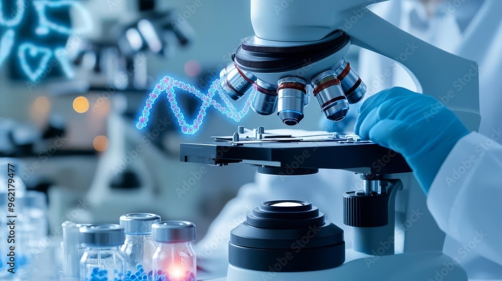 Human cells under a microscope with digital overlays of genetic ...