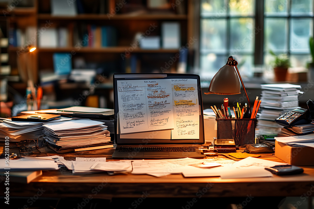 Messy desk with completed work shows a productive workspace filled with ...