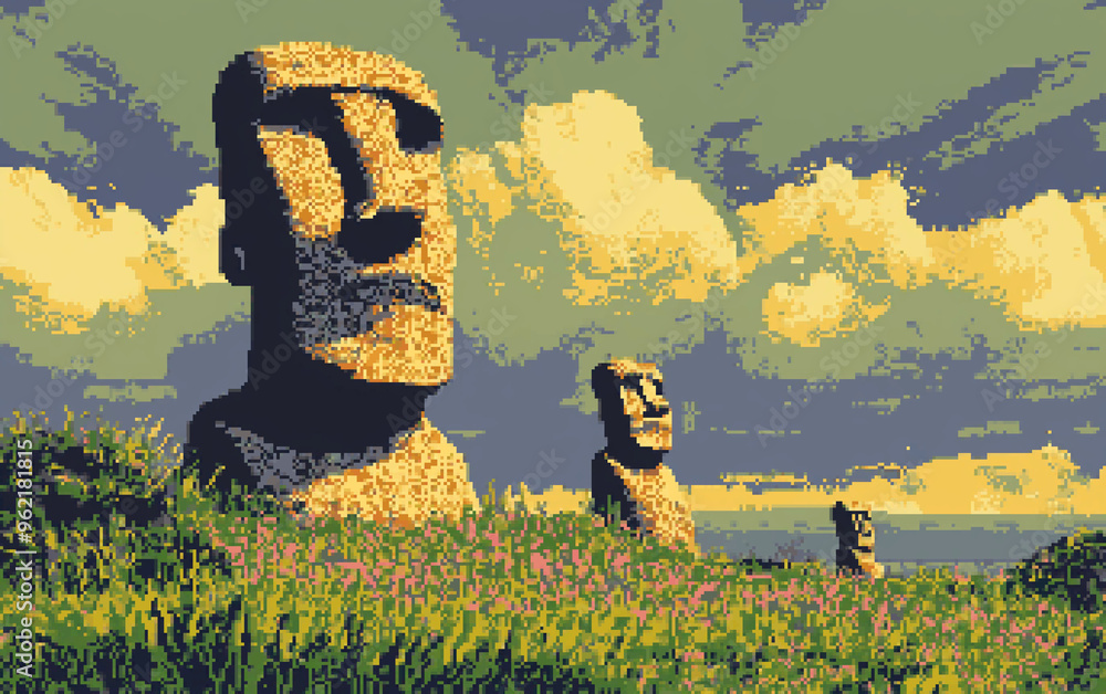 8bits pixel art game scene of Moai statues on Easter Island Stock ...