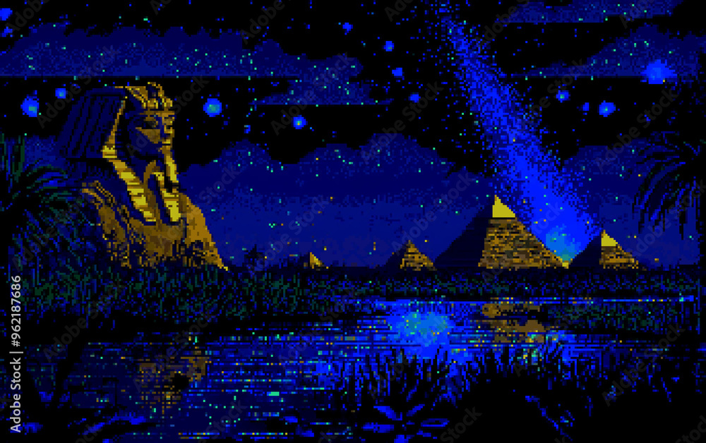 Ilustração do Stock: 8-bit pixel art game scene depicting a night sky ...