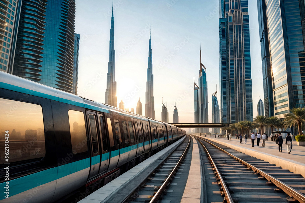 Train on railway of Dubai subway at glass urban skyscrapers backdrop in ...