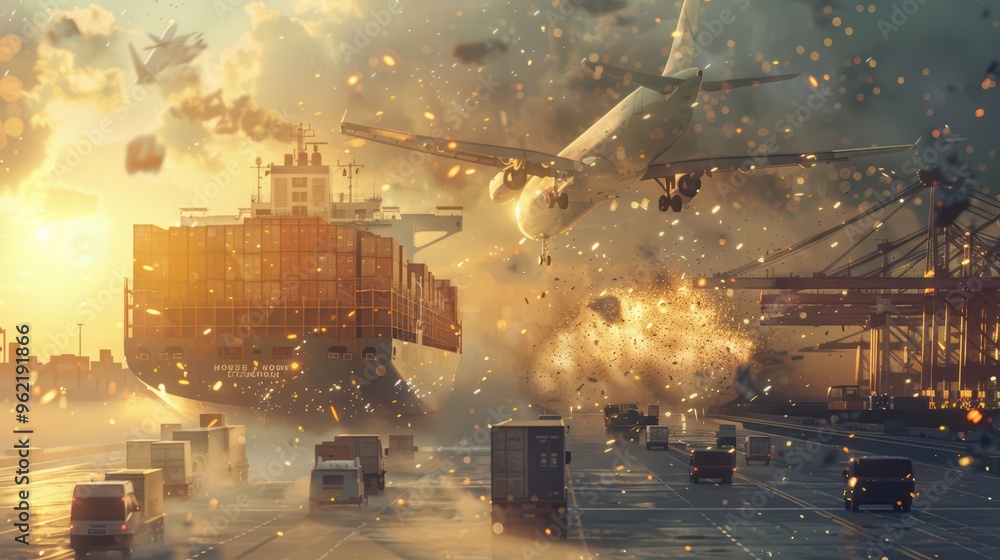 An intense scene of chaos at a busy port, featuring explosions and ...