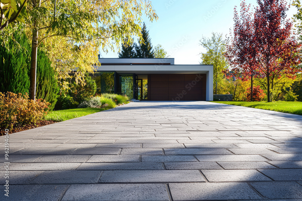 A modern home's driveway, paved with large, trapezoidal concrete pavers ...