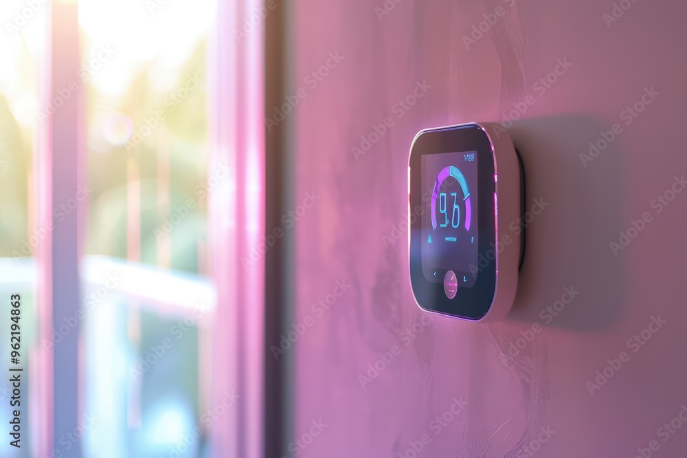 Stylish smart thermostat displaying temperature settings on a modern ...