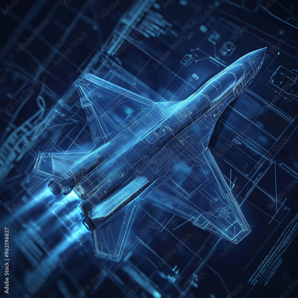 A futuristic fighter jet rendered in a holographic design, ready for ...