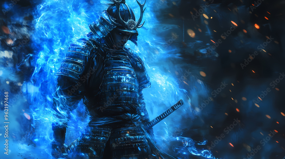 Enveloped in a cascade of ethereal blue lights, this samurai armor ...