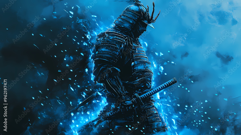 Enveloped in a cascade of ethereal blue lights, this samurai armor ...