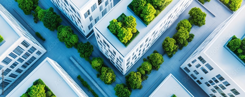 Aerial view of interconnected green business districts, sustainable ...