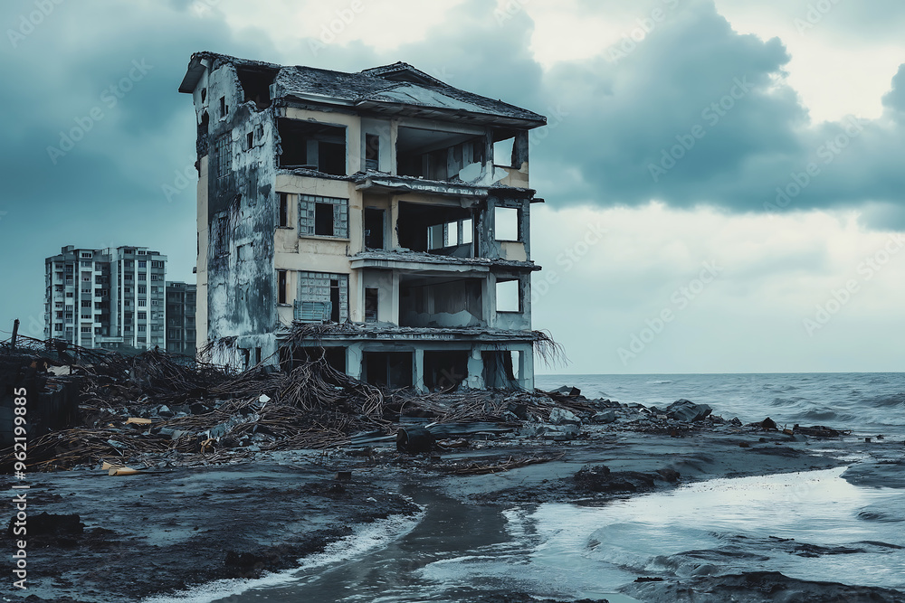 Abandoned building by the sea, severe coastal erosion, natural disaster ...