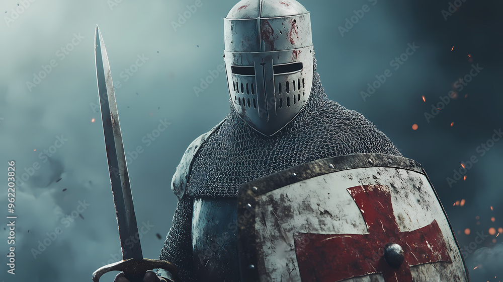 Portrait of knight templar, medieval warrior wearing helmet, standing ...