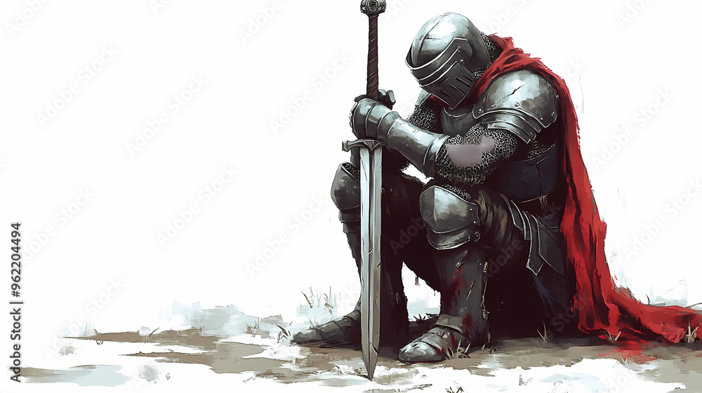 Illustration of a medieval knight kneeling in prayer with a sword ...