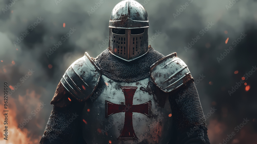 Medieval knight in full armor with the templars cross in the crusade ...