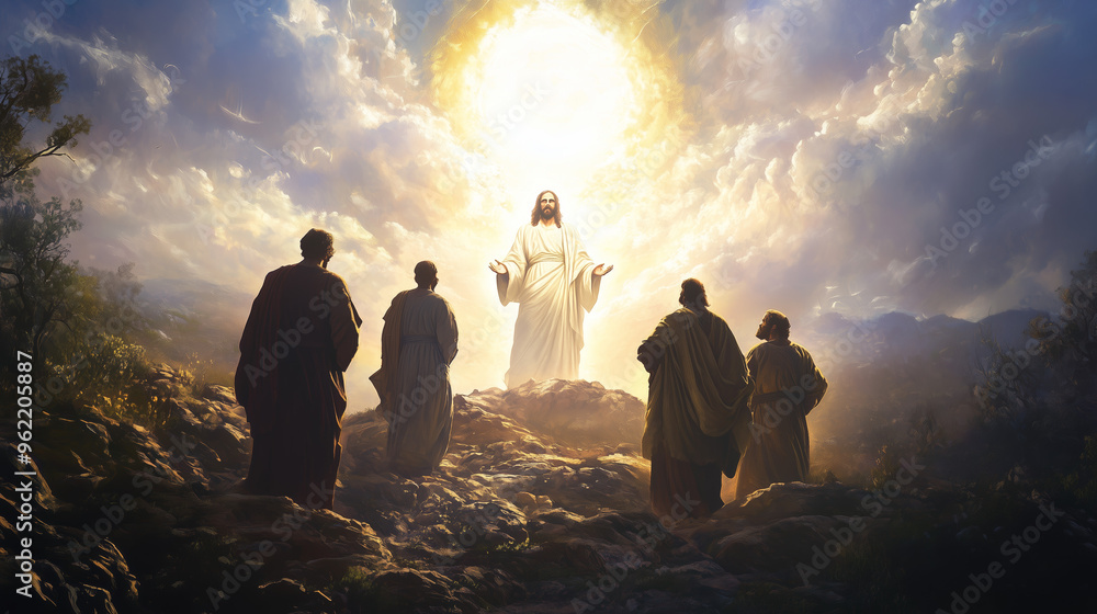 Jesus' Radiant Transfiguration With Disciples on a Mountain Stock Photo ...