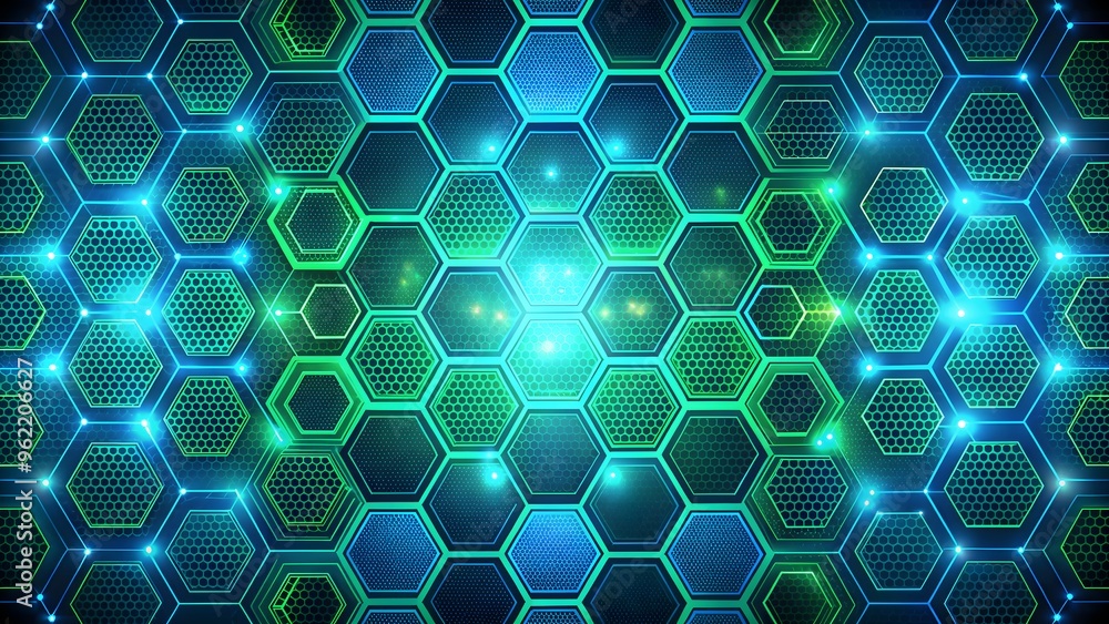 Vibrant Neon Green and Blue Digital Hexagon Abstract Background with a ...