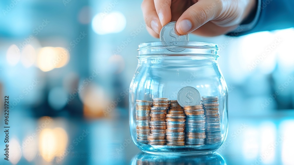 Businessman Saving Money, a focused image of a hand placing coins into ...