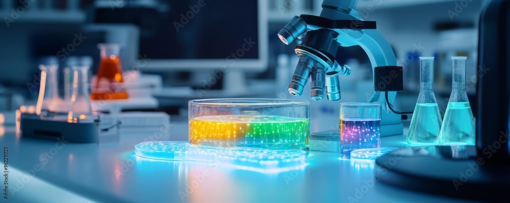 Lab equipment with glowing bio-luminescent materials, biotechnology ...