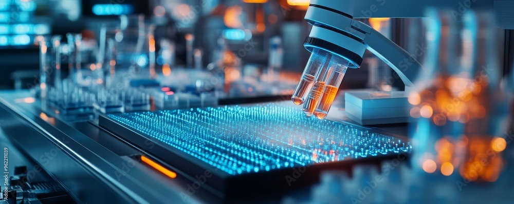 Lab equipment with glowing bio-luminescent materials, biotechnology ...