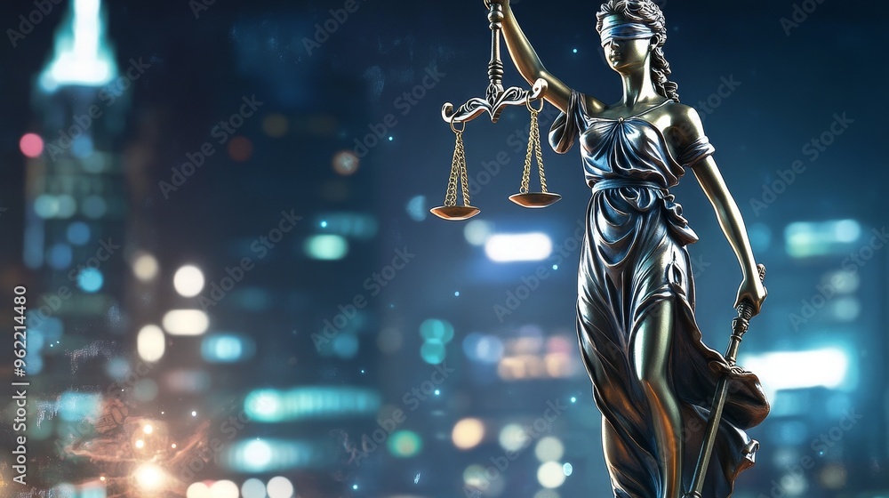 A classic statue of Lady Justice, blindfolded and holding scales and a ...