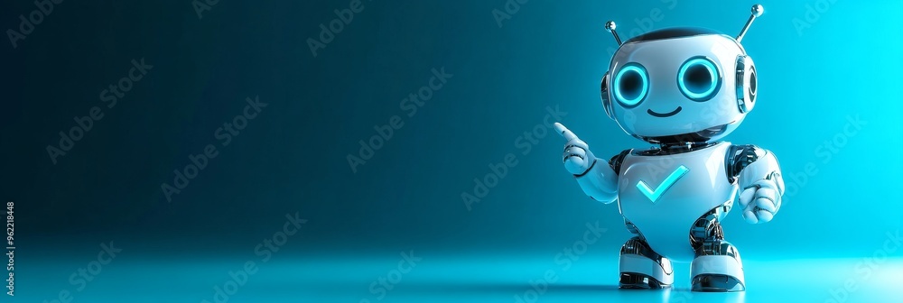 A friendly, 3D robot with a checkmark on its chest, representing ...