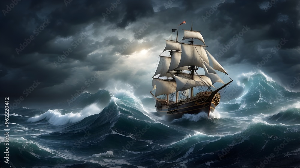 Sailboat atop tall waves, Pirate ship in a stormy sea, and ship on the ...