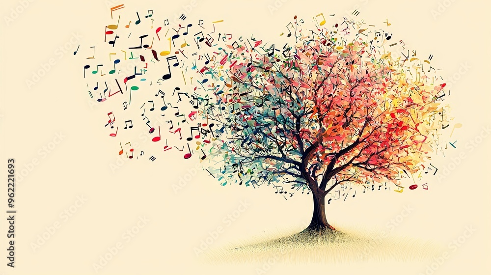 An artistic interpretation of a tree with a cascade of colorful musical ...
