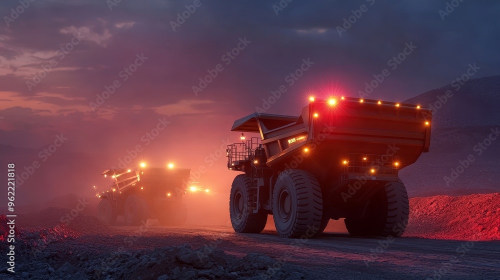 A powerful mining truck illuminated by headlights drives through a ...