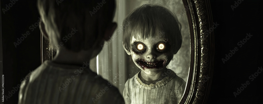 A nightmarish reflection in the mirror shows a distorted version of the ...
