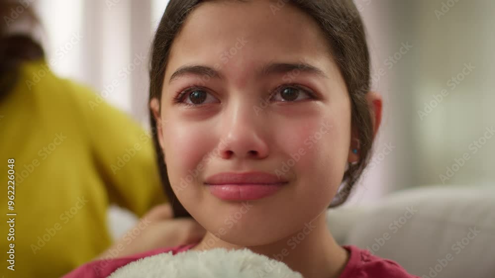 Close up suffering sad crying bad feeling Caucasian little girl kid ...