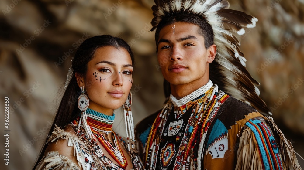 Indigenous bride and groom in ceremonial wedding dress amid ancestral ...