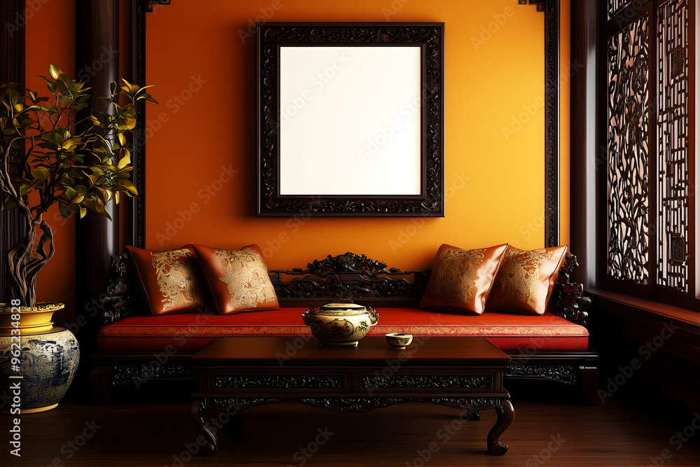 A traditional chinese living room with a couch, a table and traditonal ...