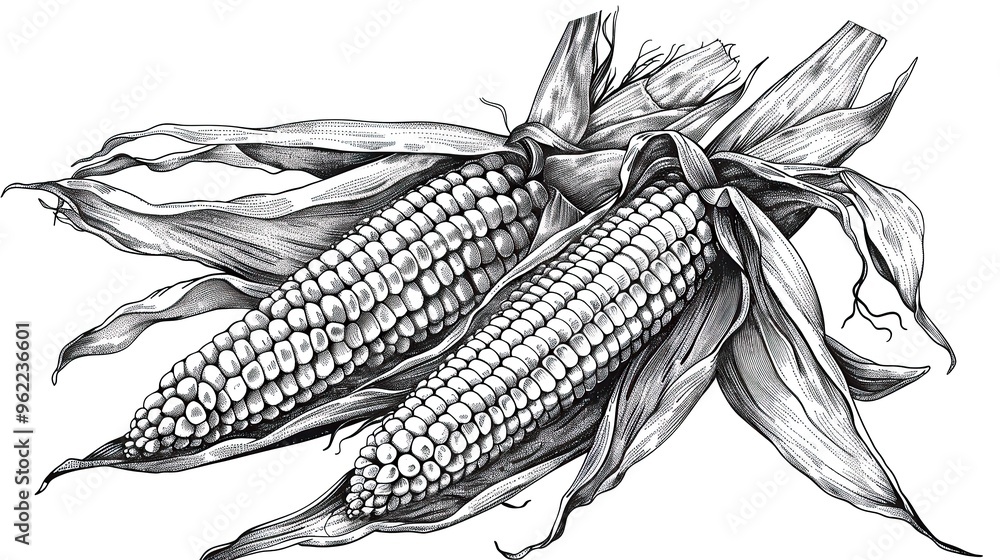 Detailed black and white drawing of two corn cobs with husks on a white ...